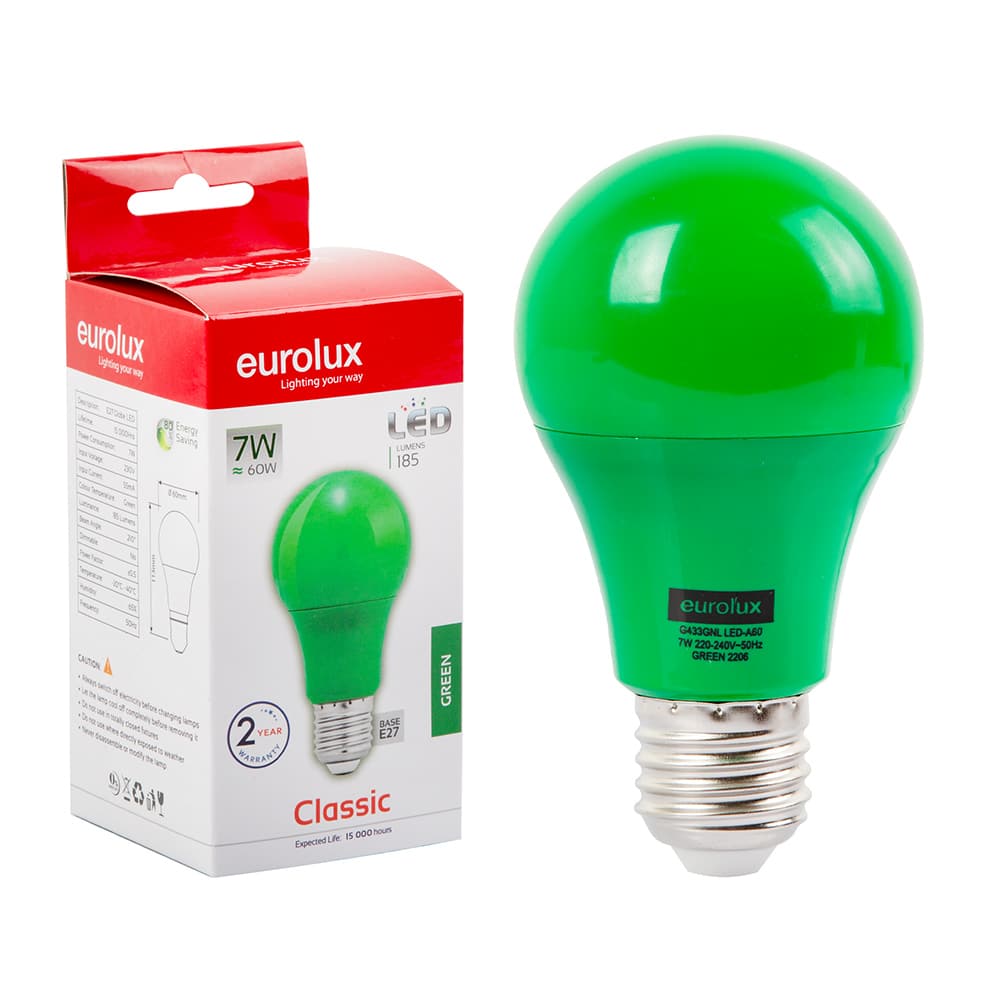A60 7 Watt E27(ES) Green LED Lamp - Emco Electrical